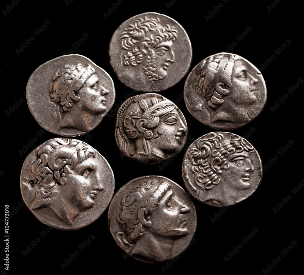 Silver coins of ancient Greece on a black background Stock Photo ...
