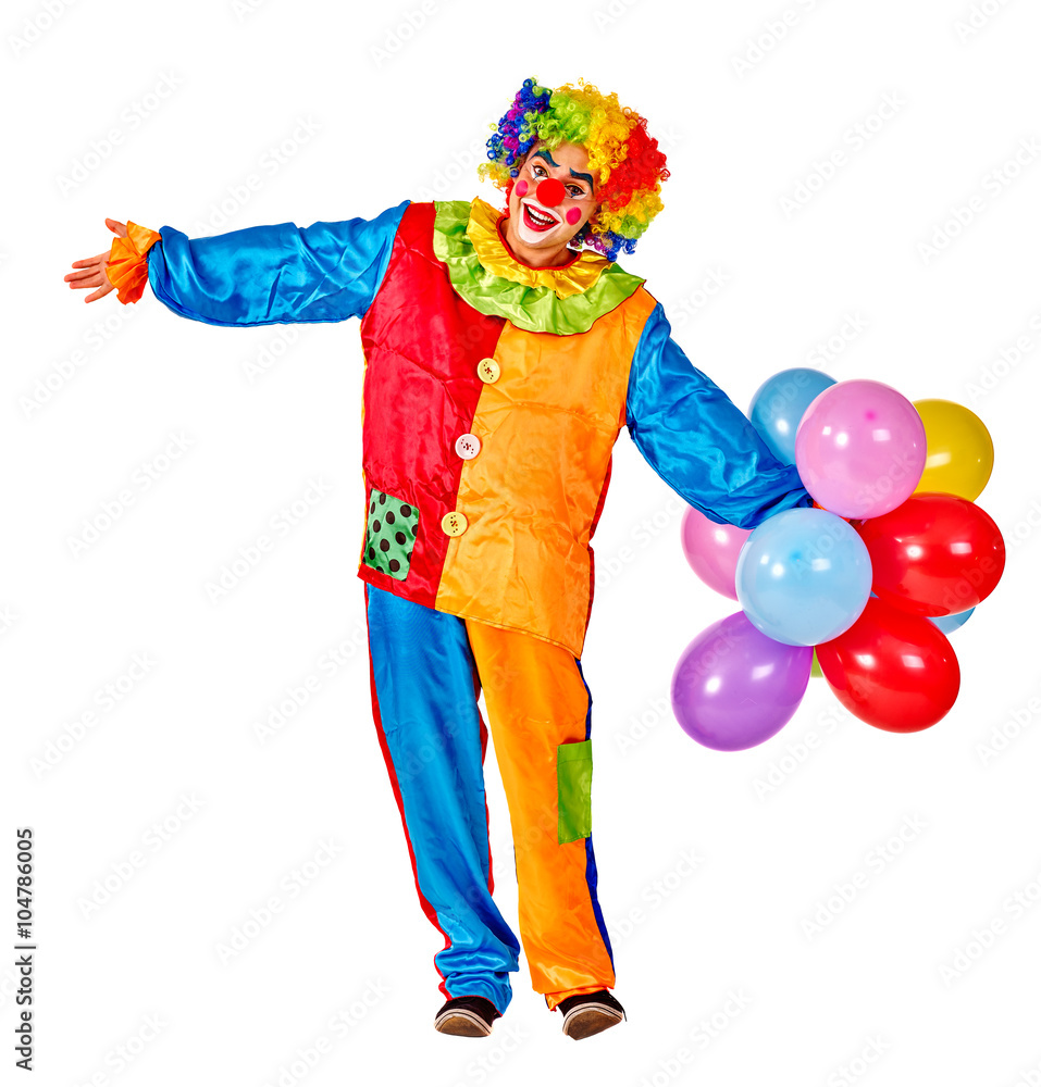 Happy birthday clown man keeps bunch of balloons. Isolated. Stock Photo ...