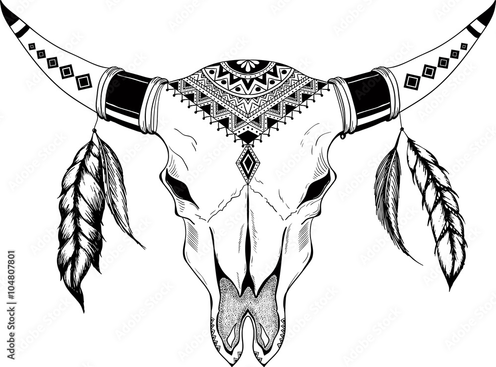 Hand drawn Buffalo Skull Native American Totem Stock Vector | Adobe Stock