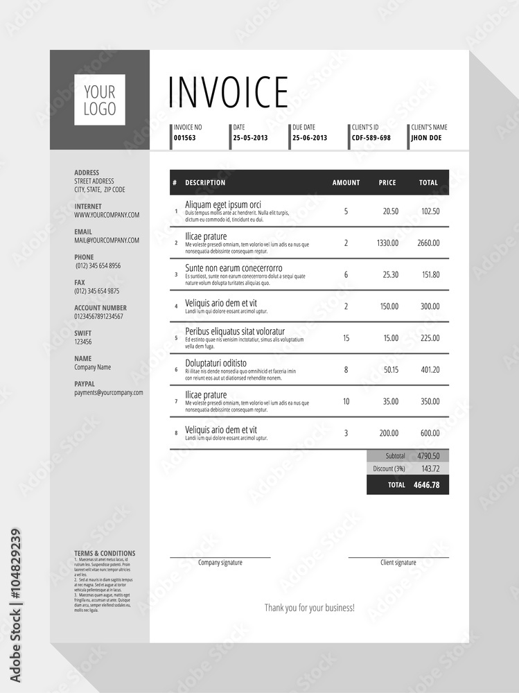 Vector Customizable Invoice Form Template Design. Vector Illustration ...