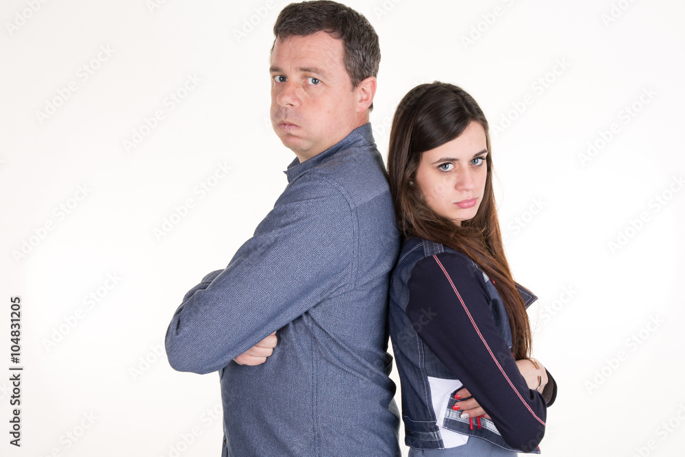 Angry father angry against his daughter isolated on white background ...