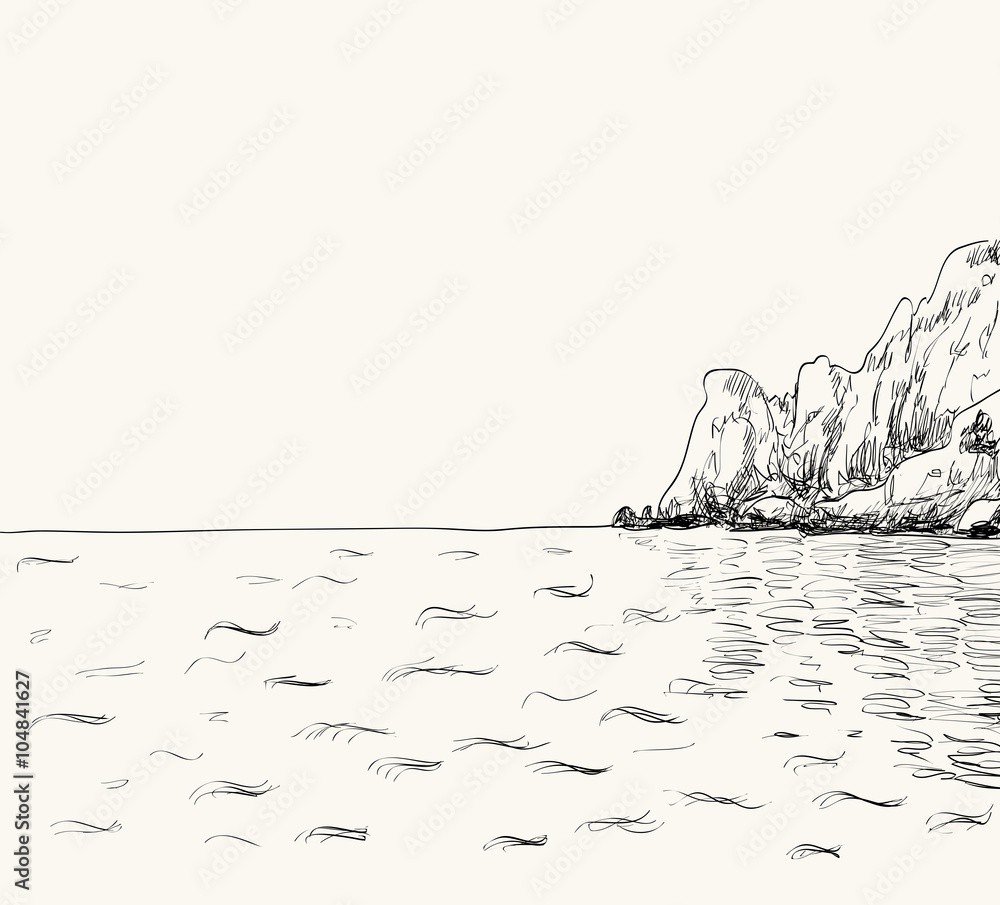 Vector summer seascape sketch. Seaside view and mountain Stock Vector ...