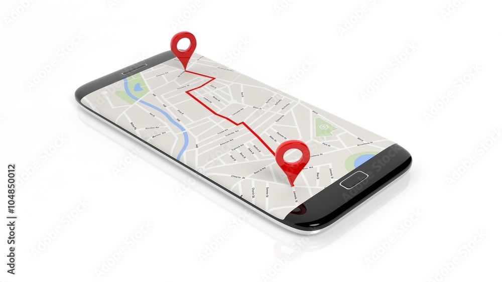 Map with two red pointers marking route set on smartphone screen ...