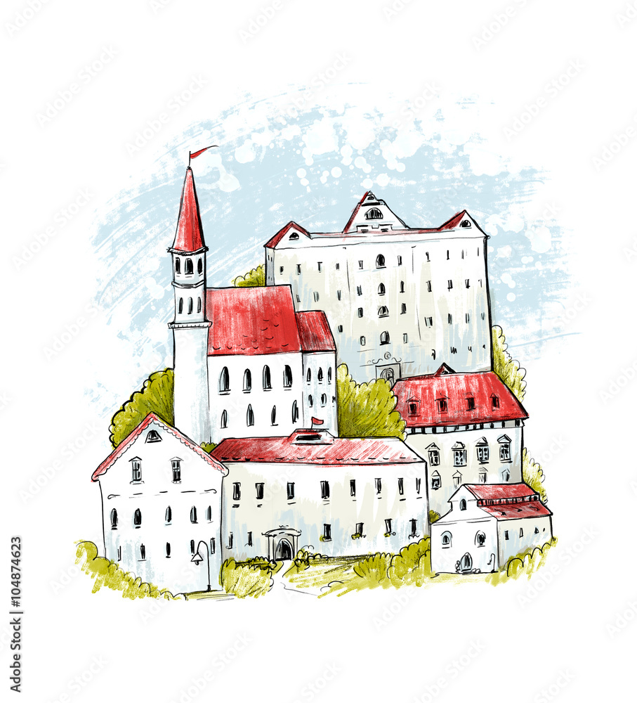Europe old town illustration. Hand drawn houses with red roofs ang ...