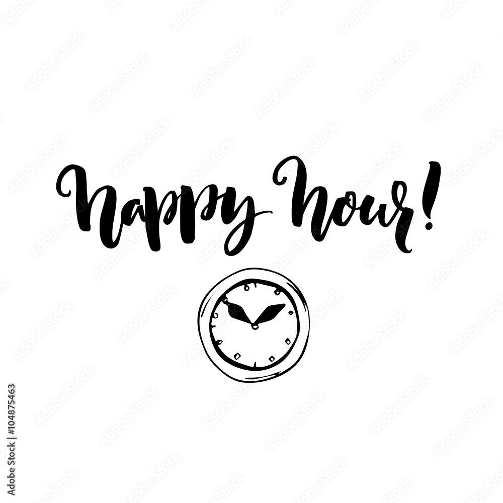 Happy hour banner. Brush lettering and hand drawn clock. Vector ...