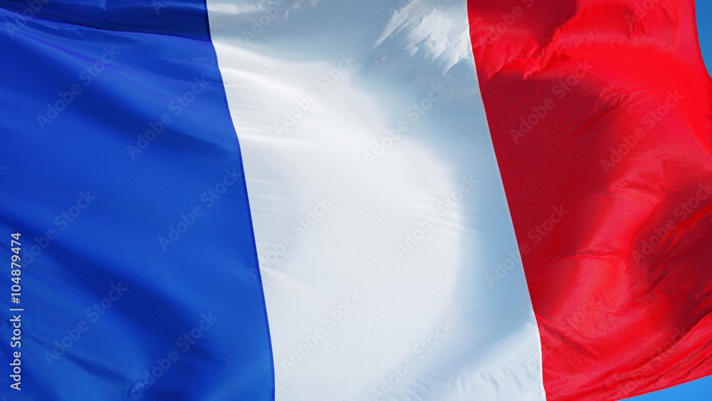 France flag waving in slow motion against clean blue sky, seamlessly ...