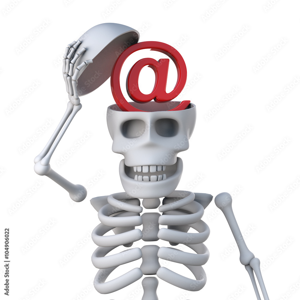 3d Skeleton has email address symbol inside his brain bone Stock ...