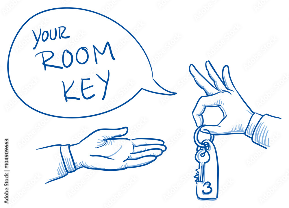 Hand of business man giving hotel room keys to customer with speech ...