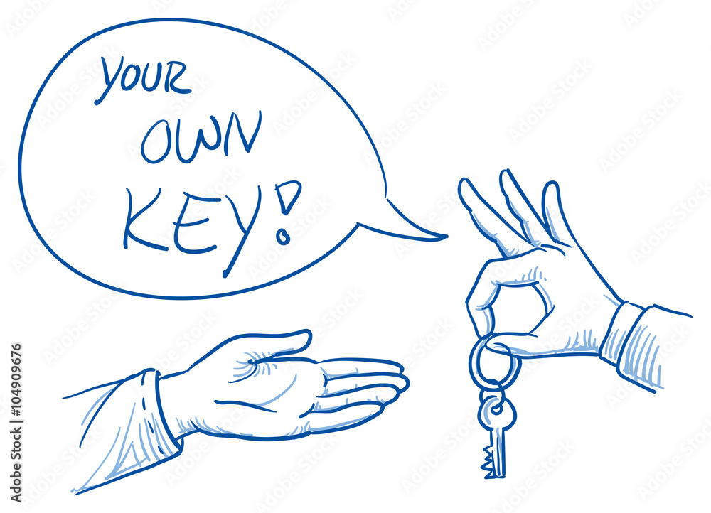 Hand of business man giving keys to customer with speech bubble. Hand ...
