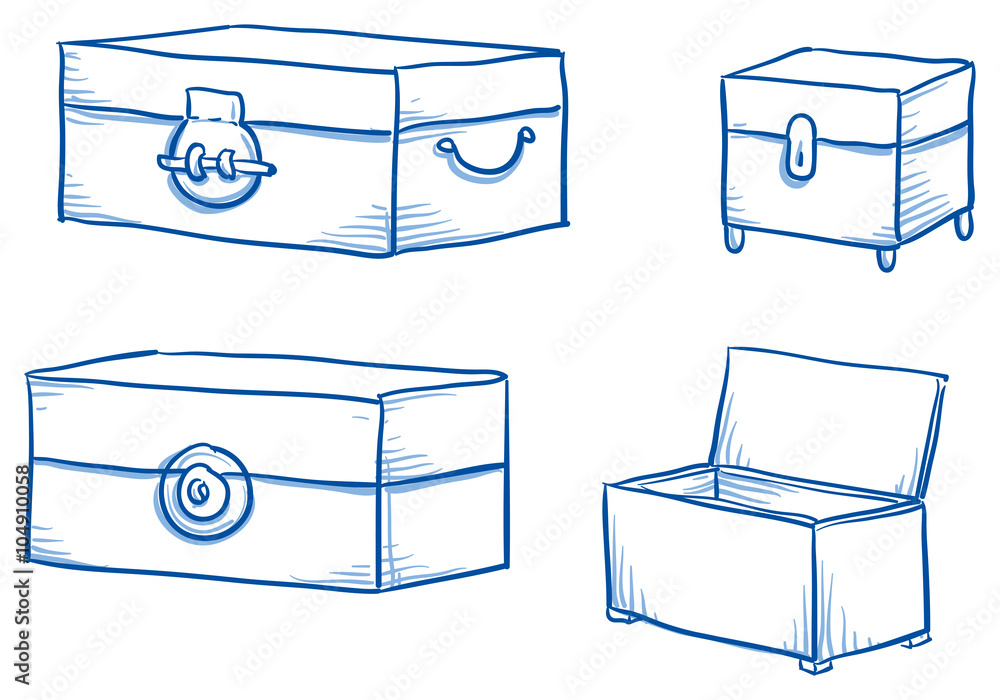 Set of four different boxes, chests, open and closed, hand drawn vector ...