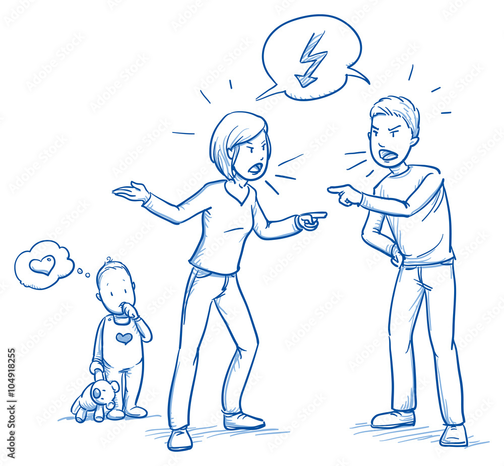 Cute little baby toddler loving his parents while they quarrel. Hand ...