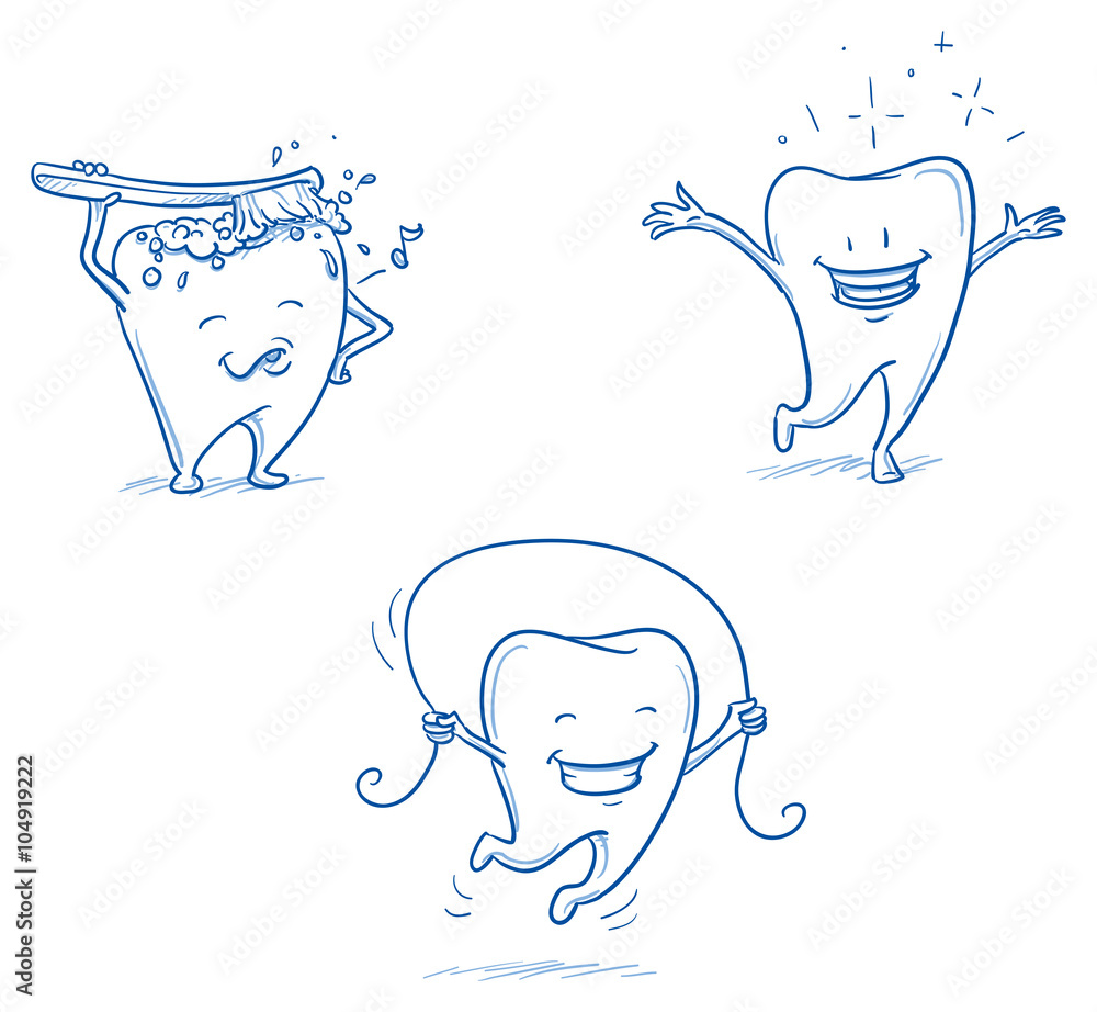 Cute happy cartoon tooth being cleaned with brush, and water, jumping ...