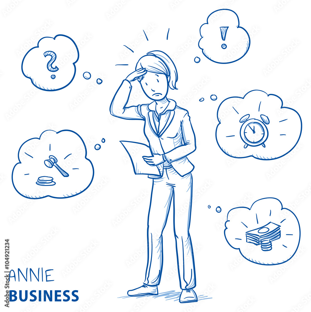Confused young woman in business clothes holding a letter or document ...