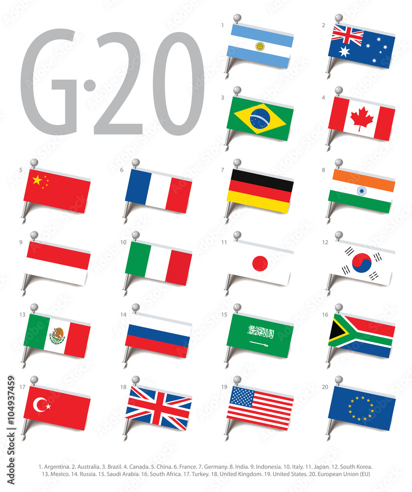 Set of flags of the countries - members of The Group of Twenty Stock ...