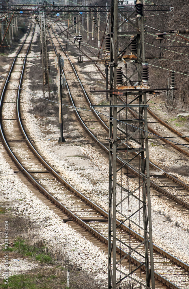 Top view of railway lines and electrical equipment Stock Photo | Adobe ...