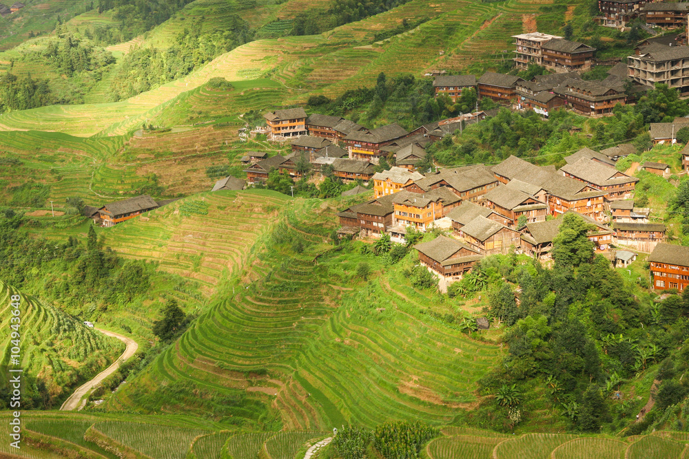 Landscape rice terraces and village in china Stock Photo | Adobe Stock