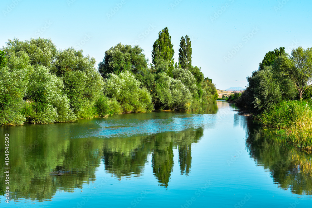 nehir suları ve ağaçların yansıması Stock Photo | Adobe Stock