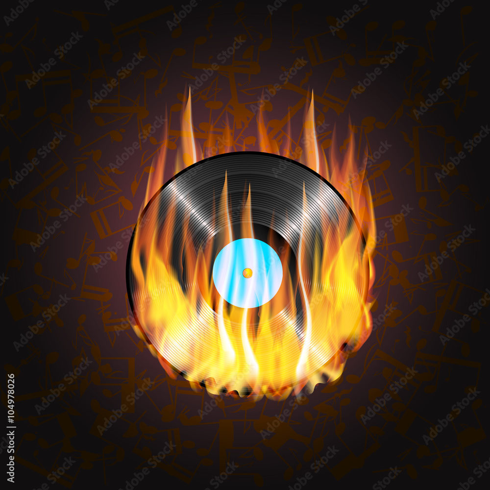 vinyl record on fire a background of musical notes Stock Vector | Adobe ...