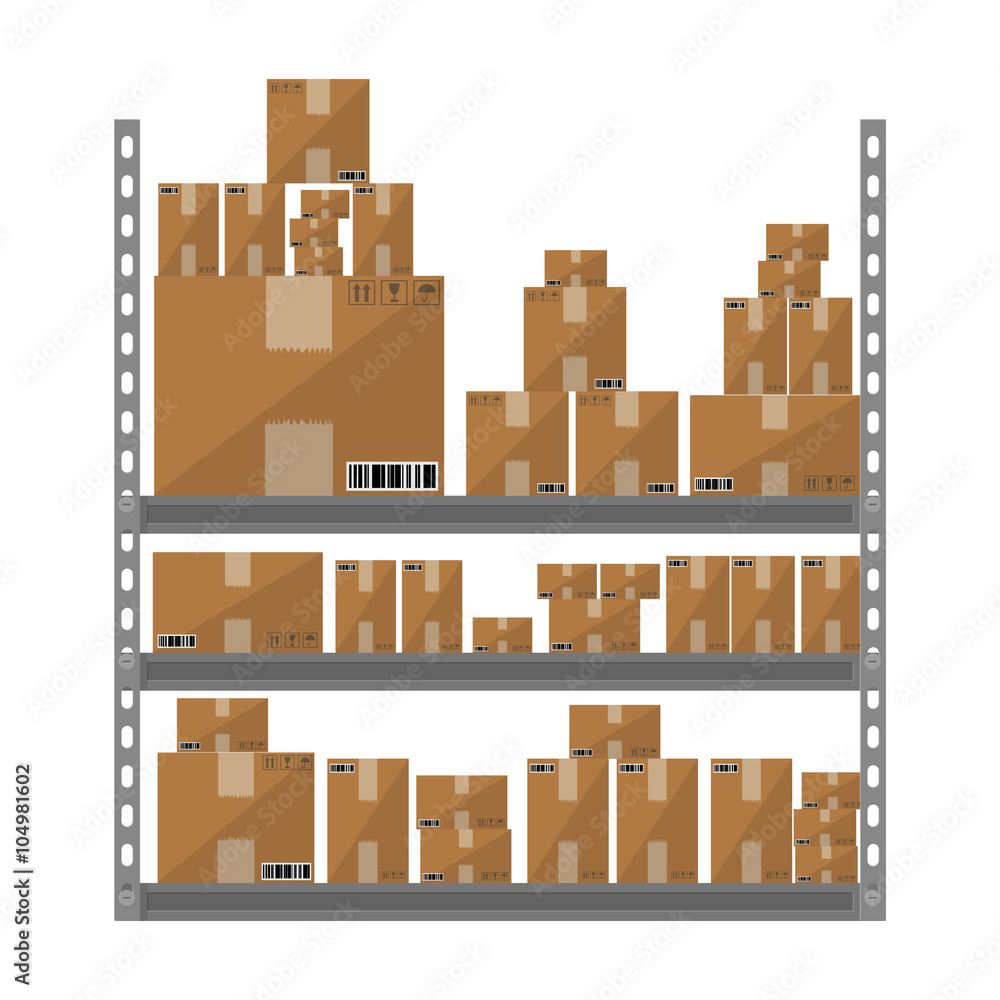 Metallic shelves with cartoon brown boxes. part of warehouse, vector ...
