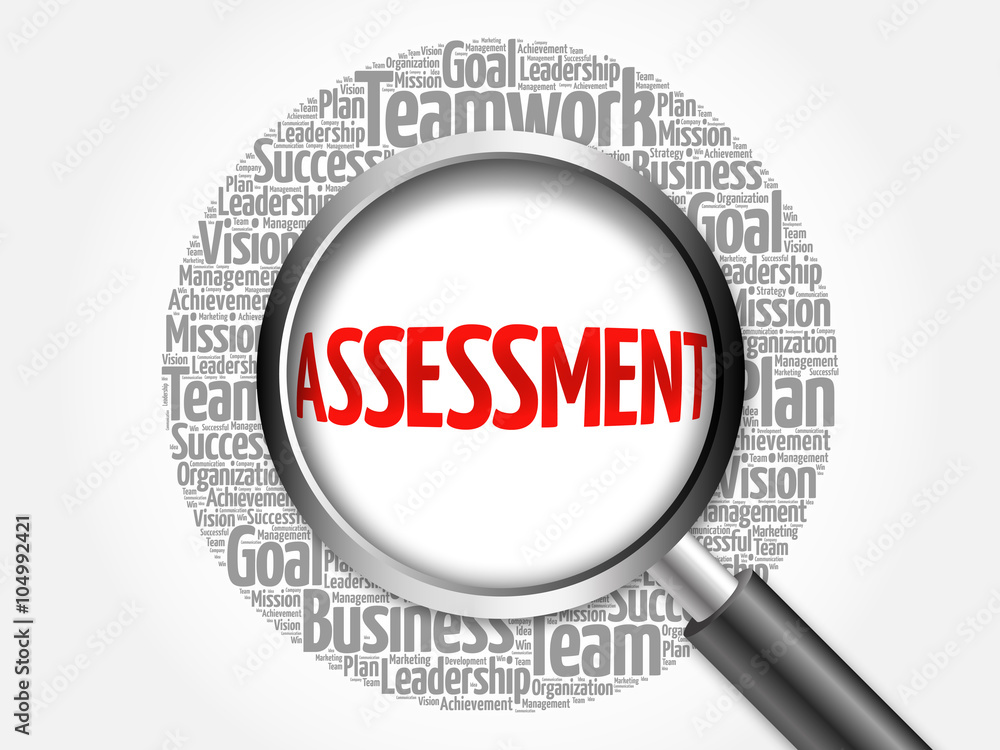 ASSESSMENT word cloud with magnifying glass, business concept Stock ...