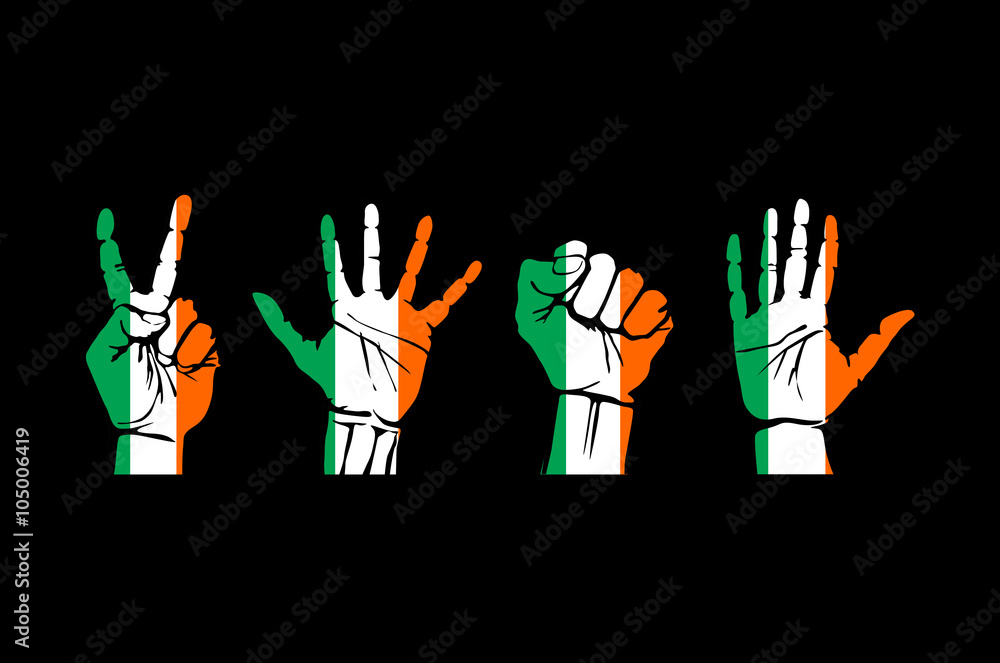 A set of hands with different gestures wrapped in the flag of Ireland ...