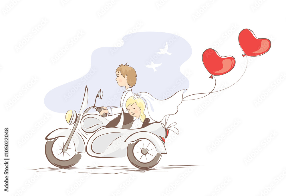 Vector illustration, card -- just married on a motorcycle Stock Vector ...