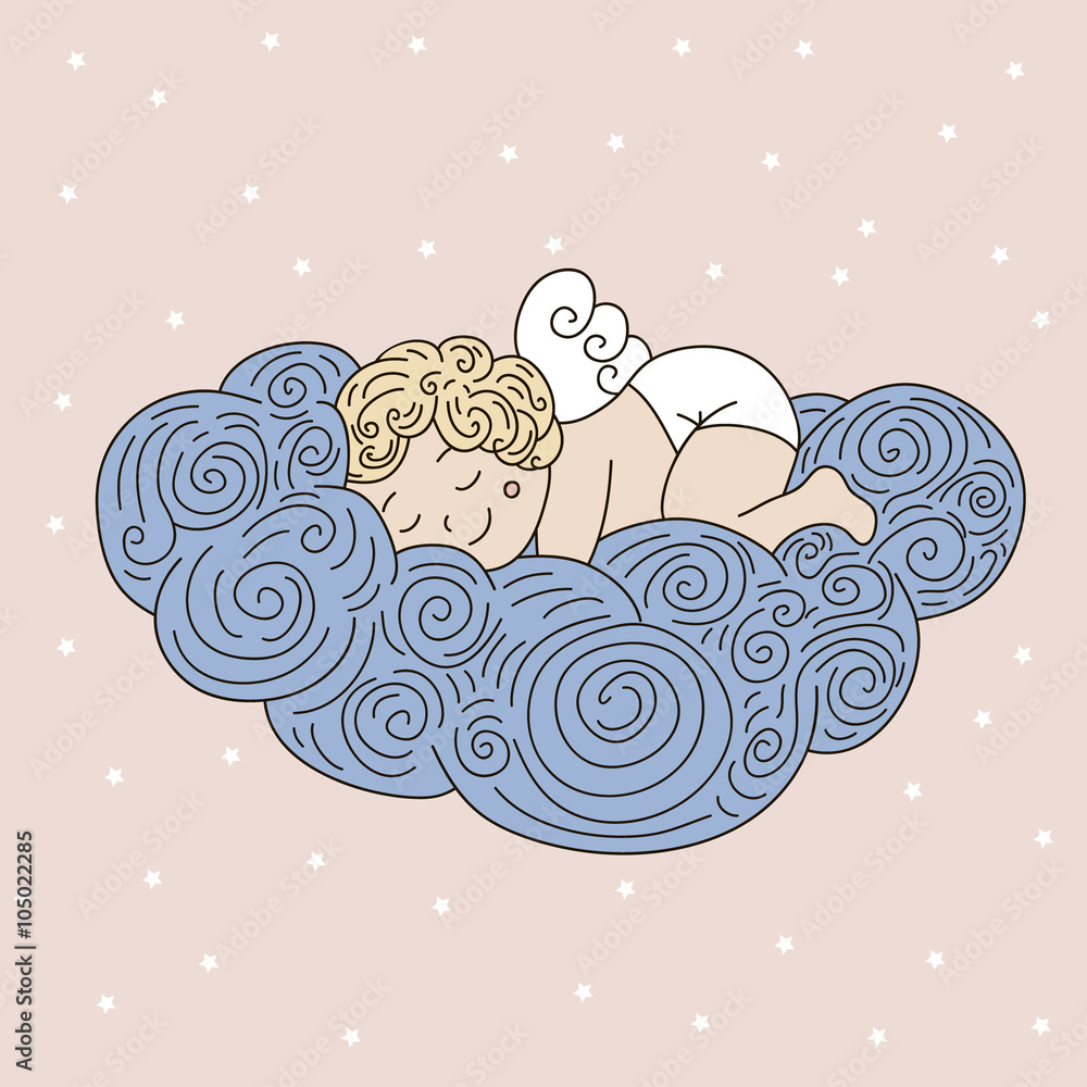 Sleeping angel on cloud. Vector hand drawn illustration with sleeping ...