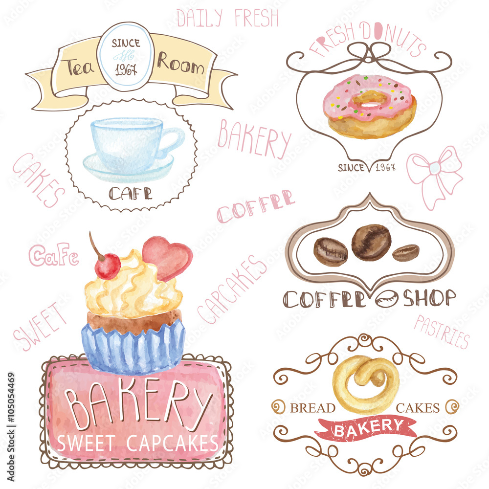 Bakery,cafe logos.Watercolor sweet cakes ,caffee Stock Vector | Adobe Stock
