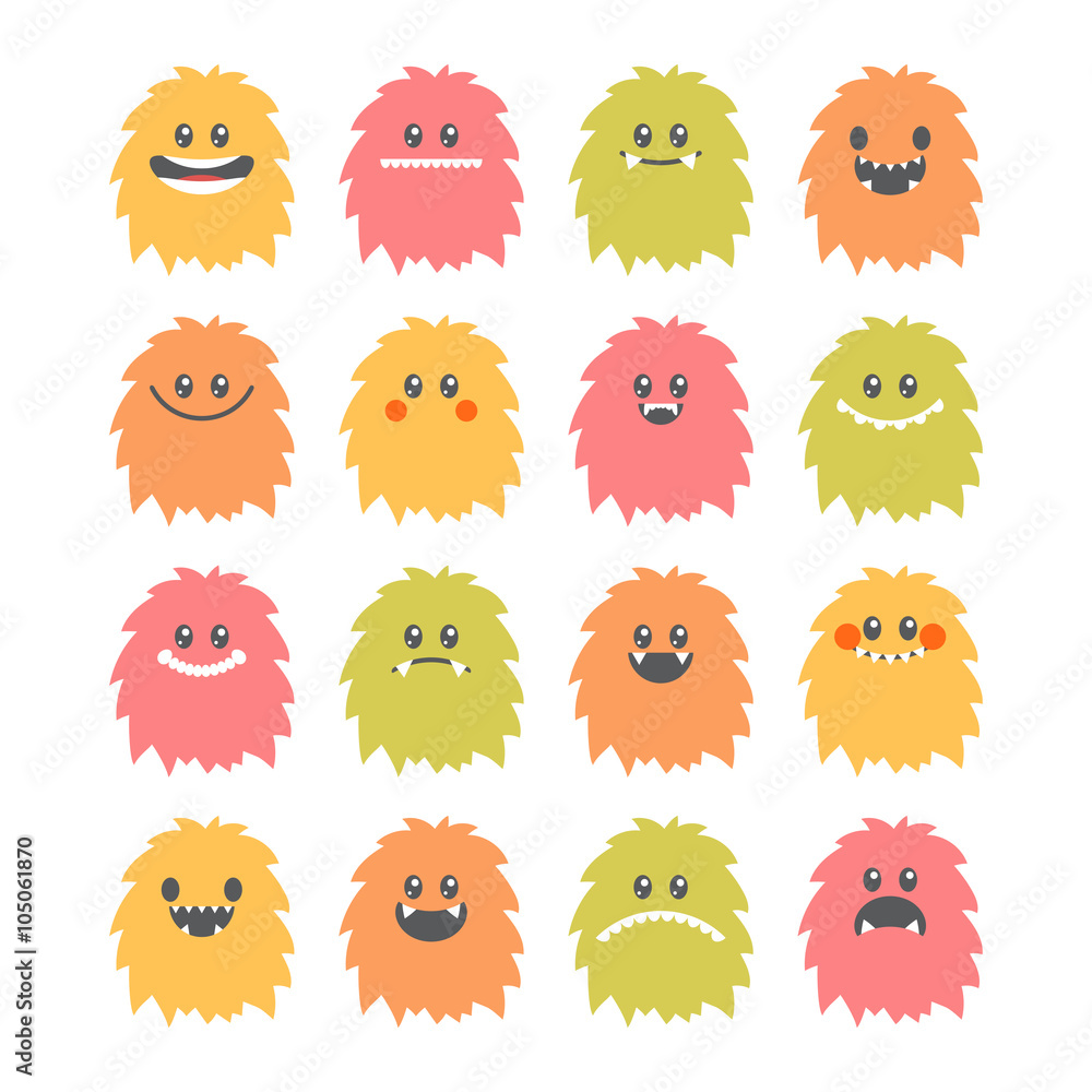 Set of hand drawn cartoon smiley monsters. Collection of differe Stock ...