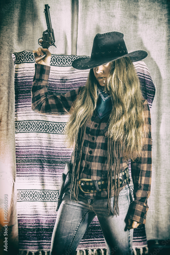 Cowgirl Gunslinger Standing Gun Up Old West Cowgirl Gunslinger