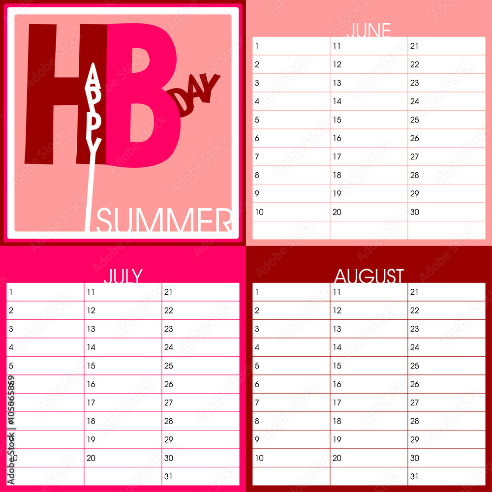 text art seasonal birthday calendar, summer months including june, july ...