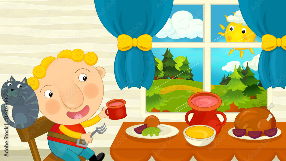 Cartoon boy eating in the dining room - illustration for the children ...