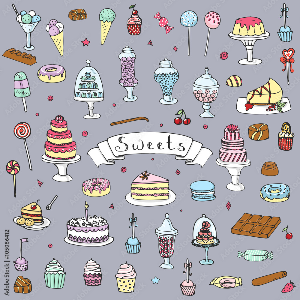 Hand drawn doodle Sweets set Vector illustration Sketchy Sweet food ...