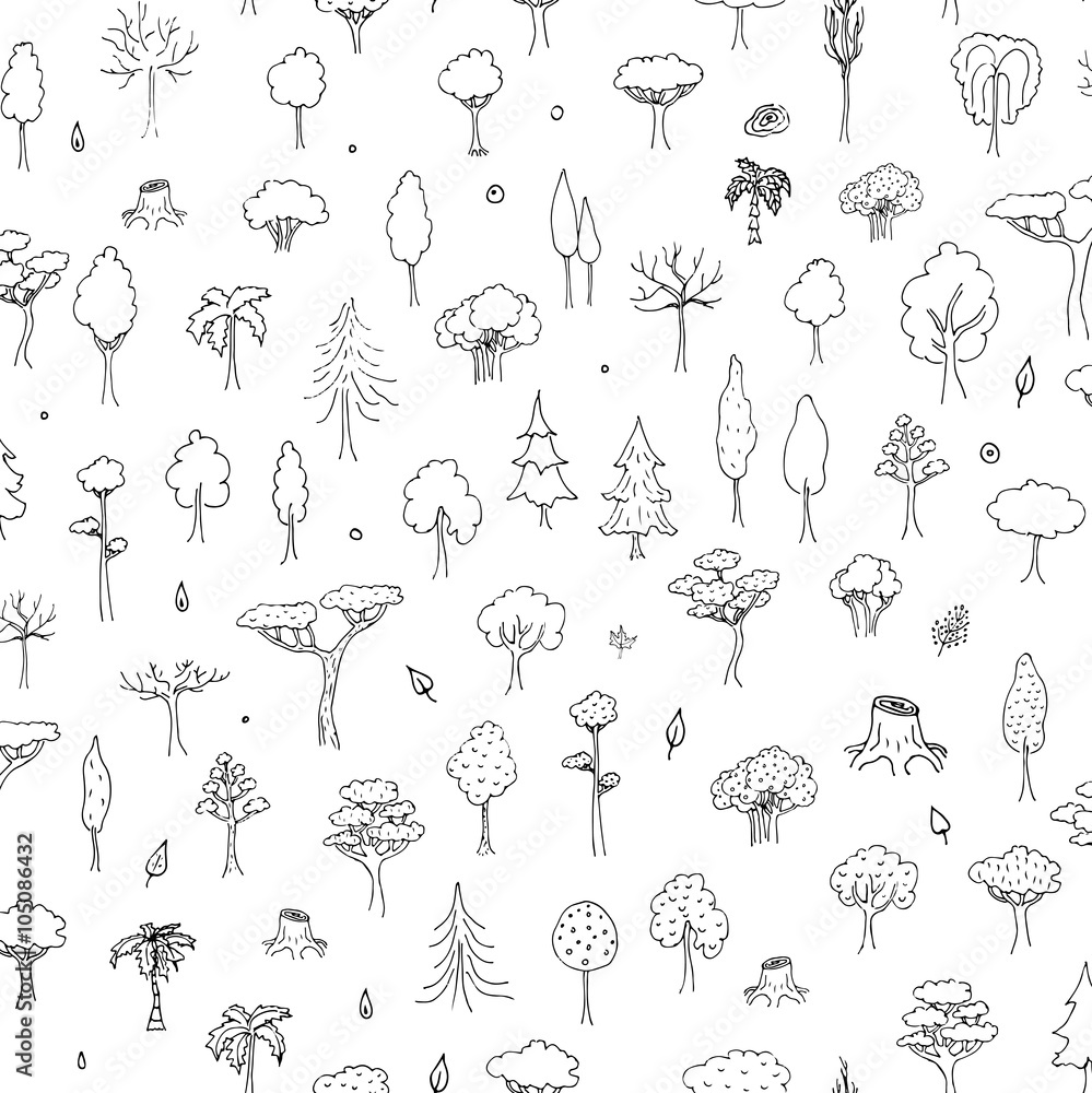 Seamless background hand drawn doodle Tree and Forest set Vector ...