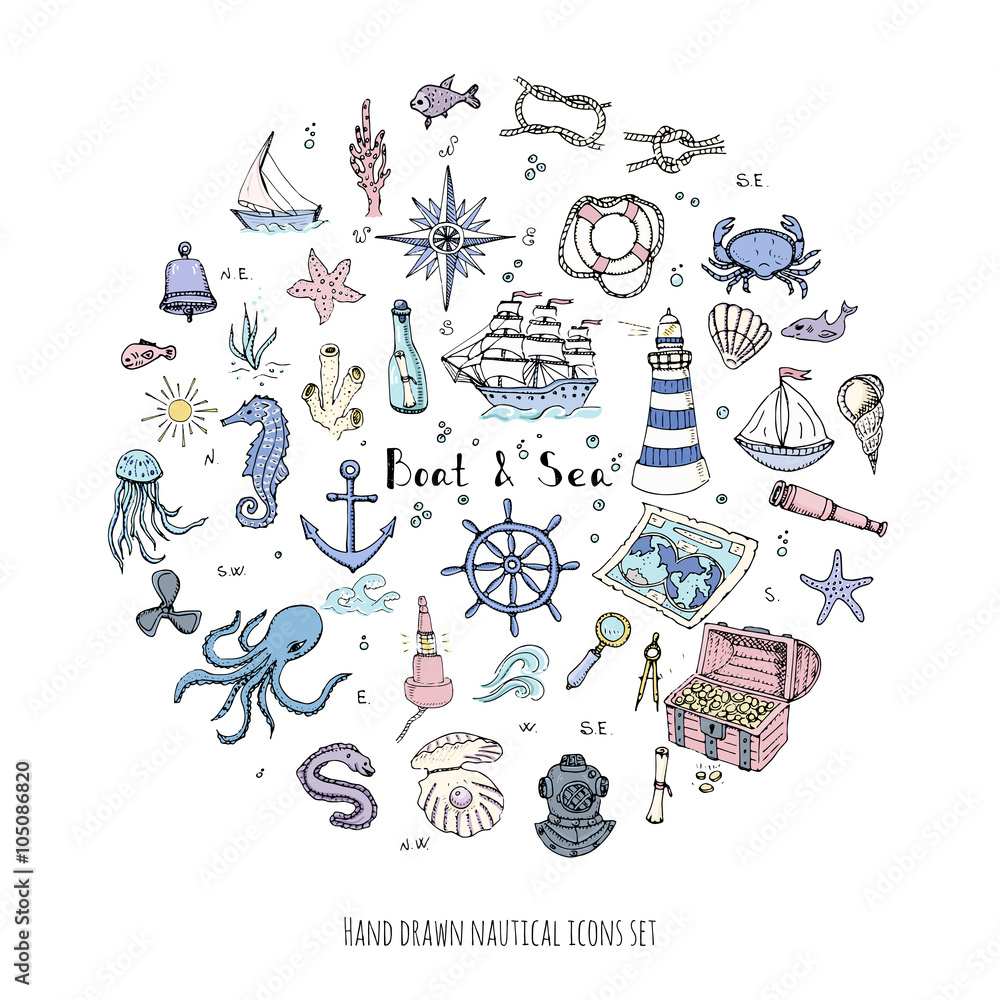 Hand drawn doodle Boat and Sea set Vector illustration boat icons sea ...