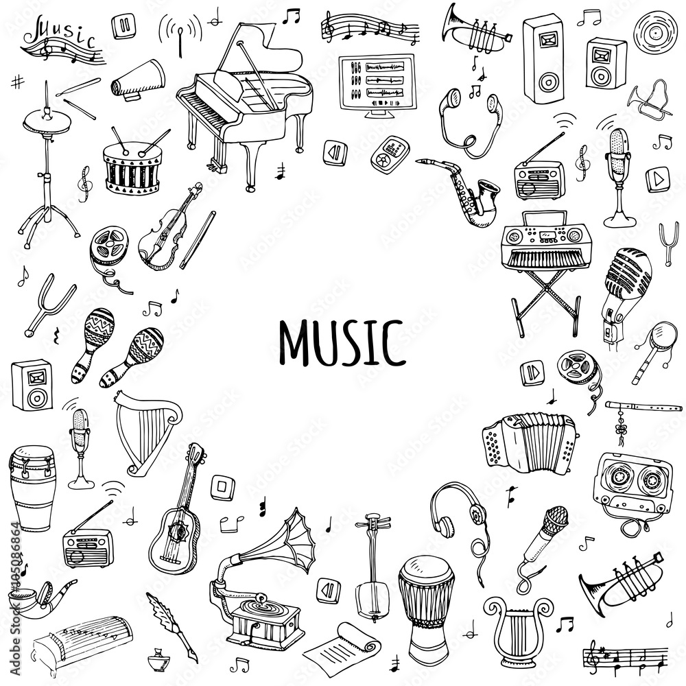 Hand drawn doodle Music set Vector illustration musical instrument and ...