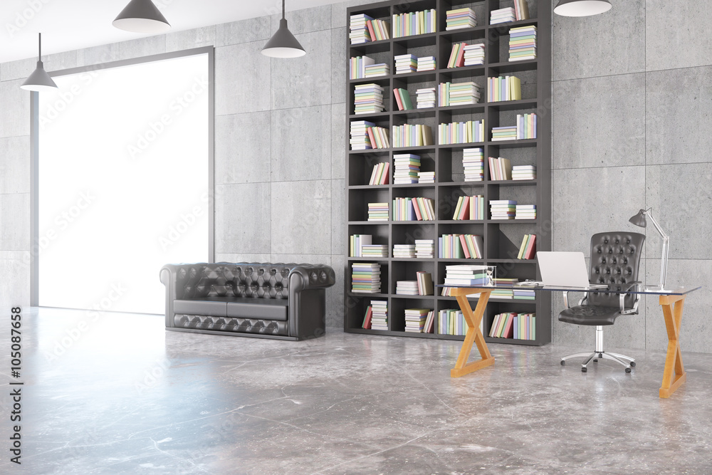 Loft room with chesterfield sofa, bookshelf, glassy table, big w Stock ...