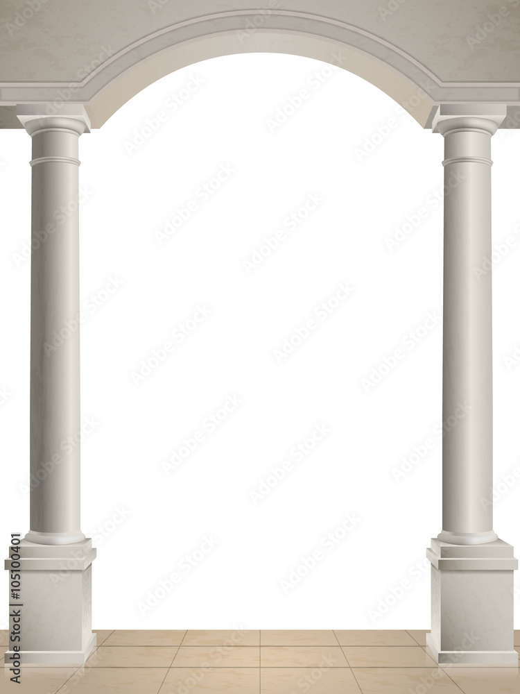 Classical columns and arch isolated, tiled floor. Vector architectural ...
