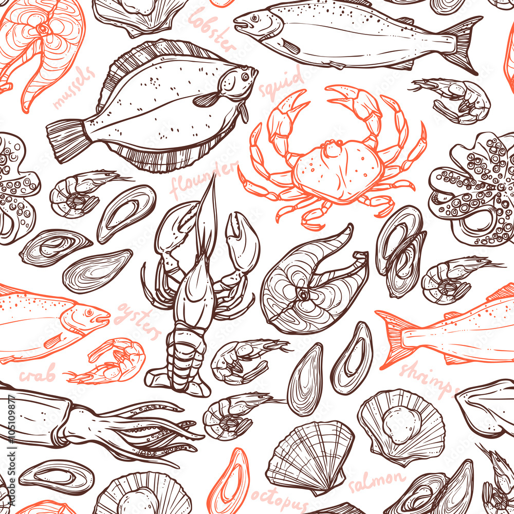 Pattern with seafood hand drawn elements with lobster, octopus, squid ...