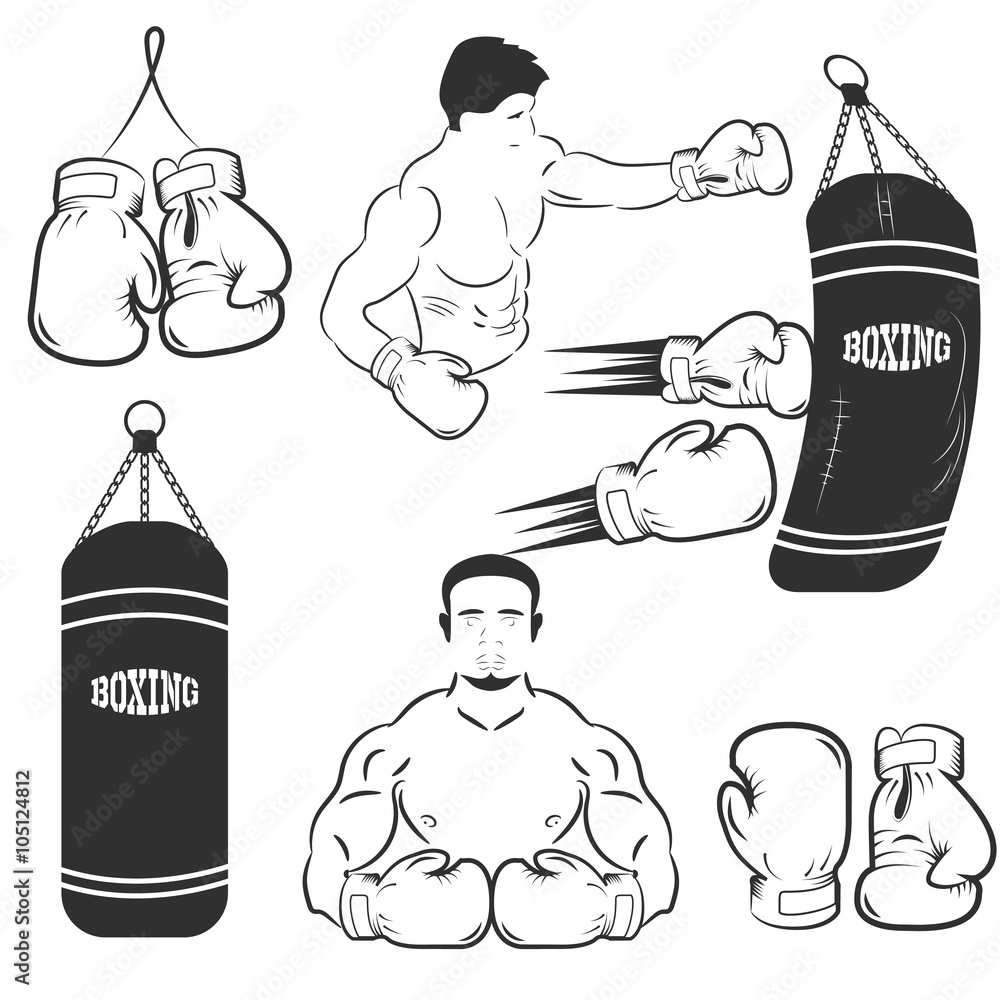 Set of boxing equipment vector monochrome design elements, mix martial ...