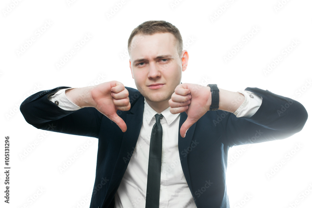 Closeup portrait of angry, unhappy, young business man showing thumbs ...