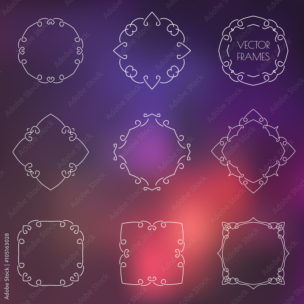 Set of various outline frames and badges on colorful blur background ...