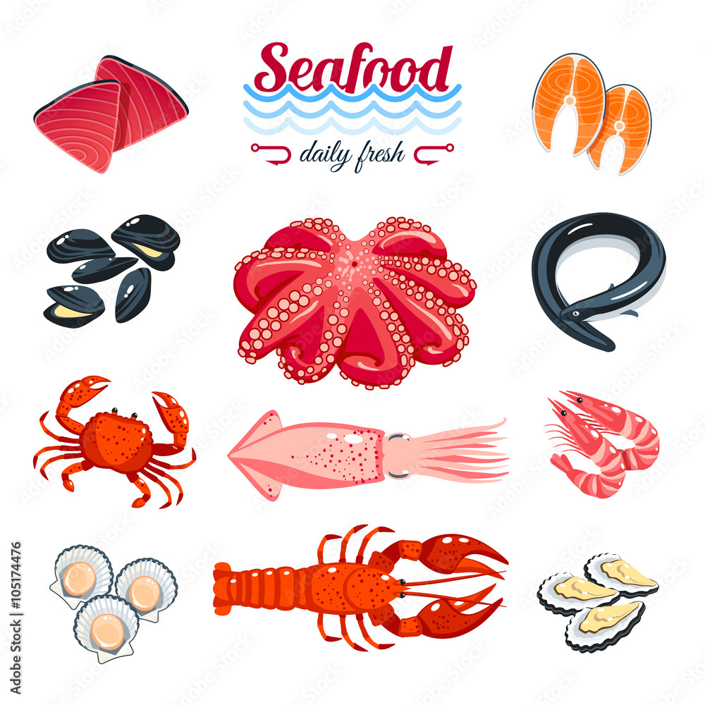 Set of cartoon sea food - tuna, salmon, clams, crab, lobster and so ...