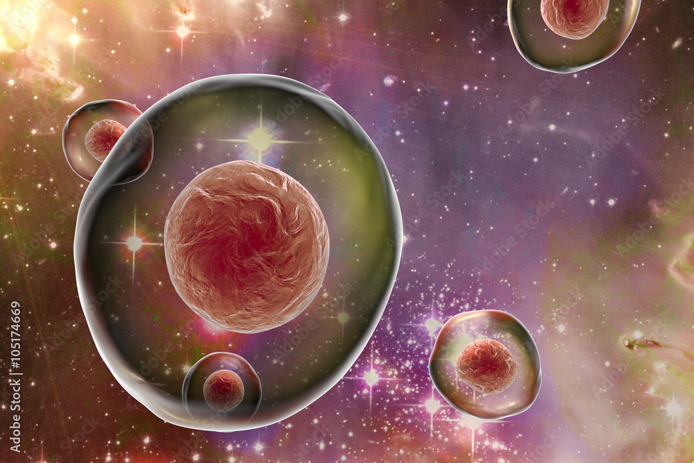 Human or animal cells on space colorful background. Medical background ...