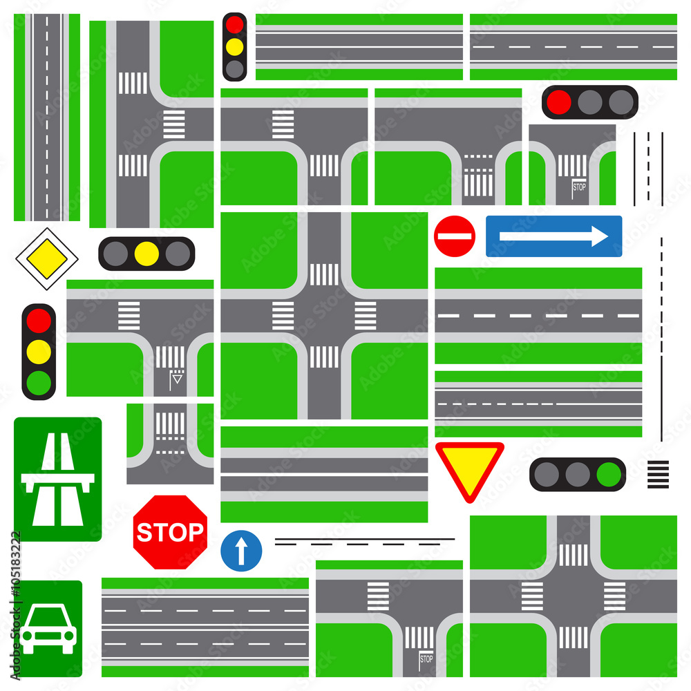 Top view road plan parts, Collection of connectable highway elements ...