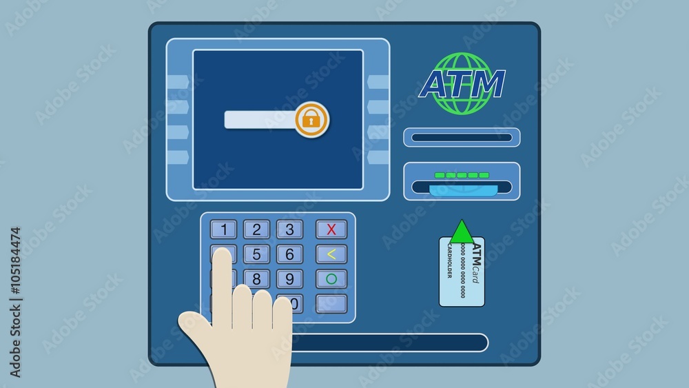 front view of an atm panel with an hand that insert the card into the ...