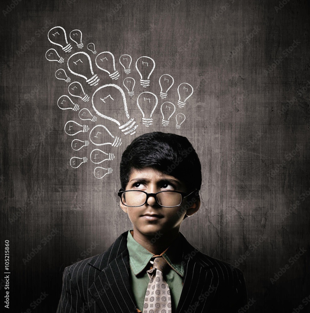 Genius Little Boy Wearing Glasses, Thinking Ideas Bulb Stock Photo ...