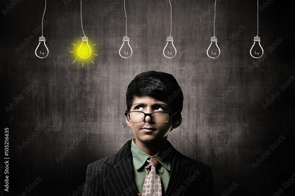 Genius Little Boy Wearing Glasses, Thinking Ideas Bulbs Hanging Stock ...