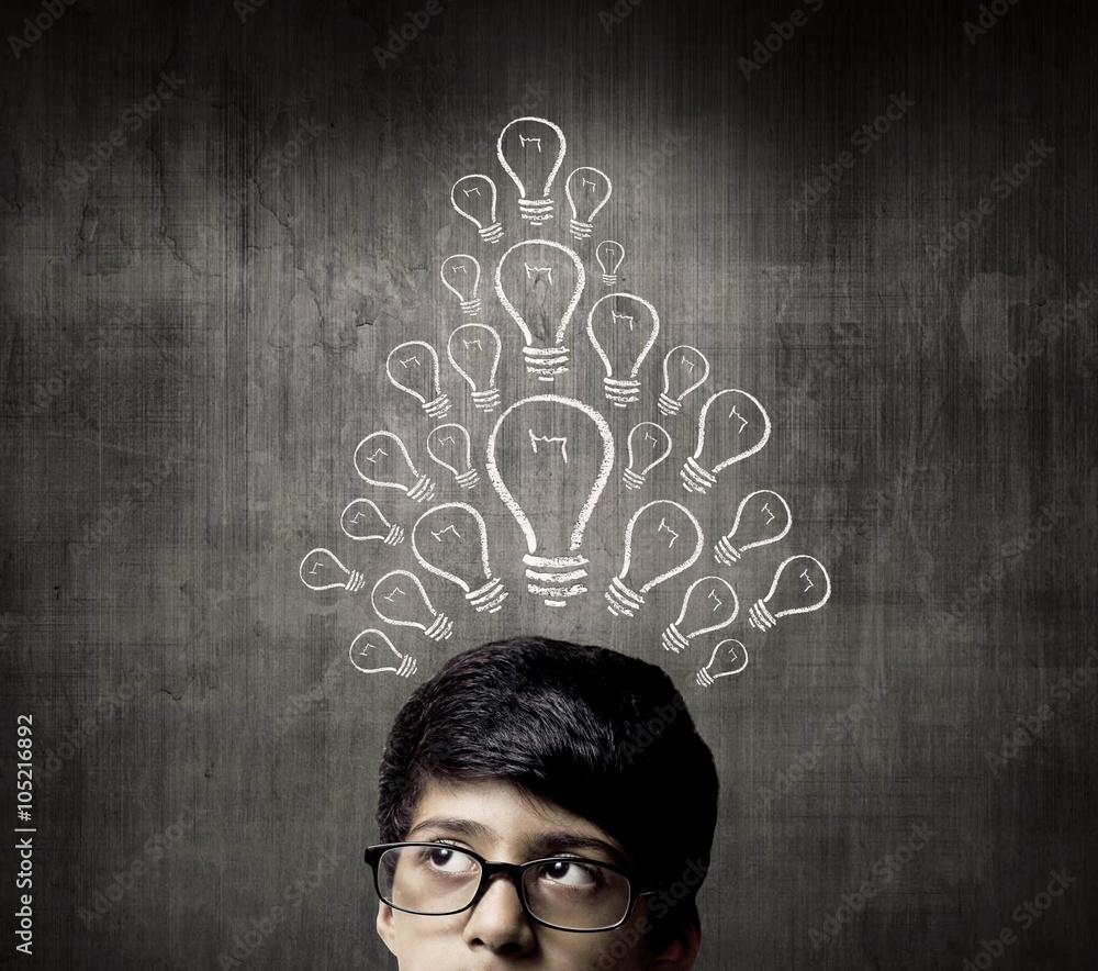 Thinking Half Head Of Genius Little Boy Wearing Glasses Stock Photo ...