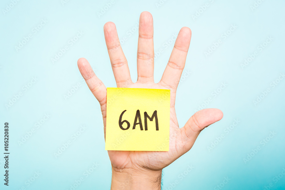 6AM o'clock, hand, palm, blue background. Stock Photo | Adobe Stock